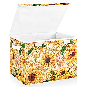 TSENQUE Autumn Sunflower Foldable Storage Bins with Lids Collapsible Storage Cube Bin for Home Bedroom Closet Office Nursery 16.5" L x 12.6" W x 11.8" H