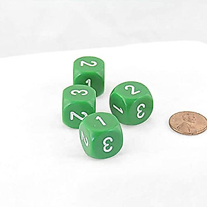 Green Opaque Dice with White Numbers D3 (D6 1-3 Twice) 16mm (5/8in) Pack of 4 Wondertrail