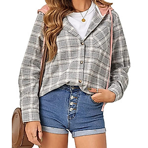 Knemksplanet Women Plaid Hooded Shirt Drawstring Flannel Sweatshirt Hoodie Jacket Casual Button Down Blouse Tops with Pocket Gray