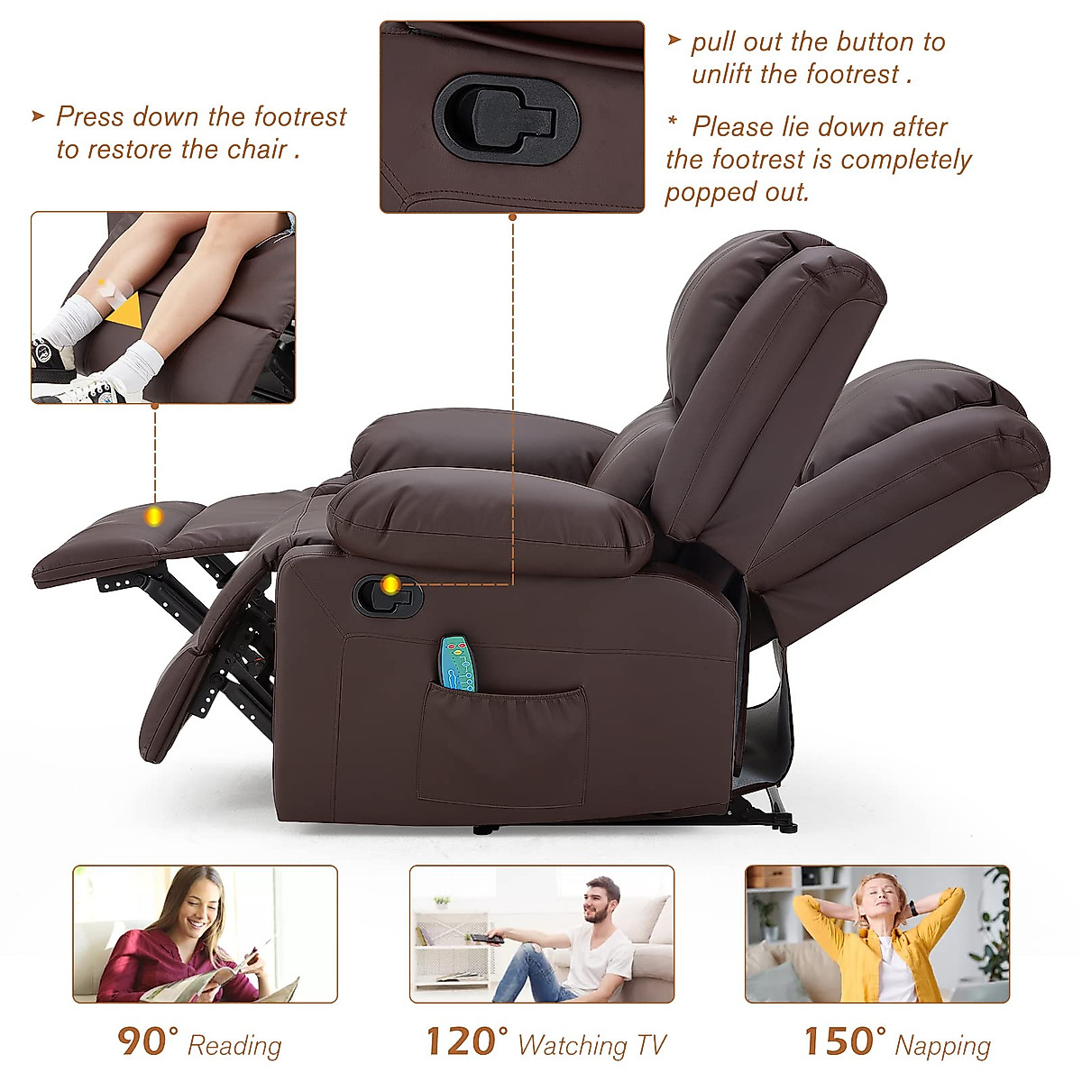 YODOLLA Recliner Loveseat with Heat and Massage Function, Wall-Hugger Reclining Sofa 2-Seater Modern Manual Control Faux Leather RV Couch, Theater Lounge Seat with Side Pockets, Brown