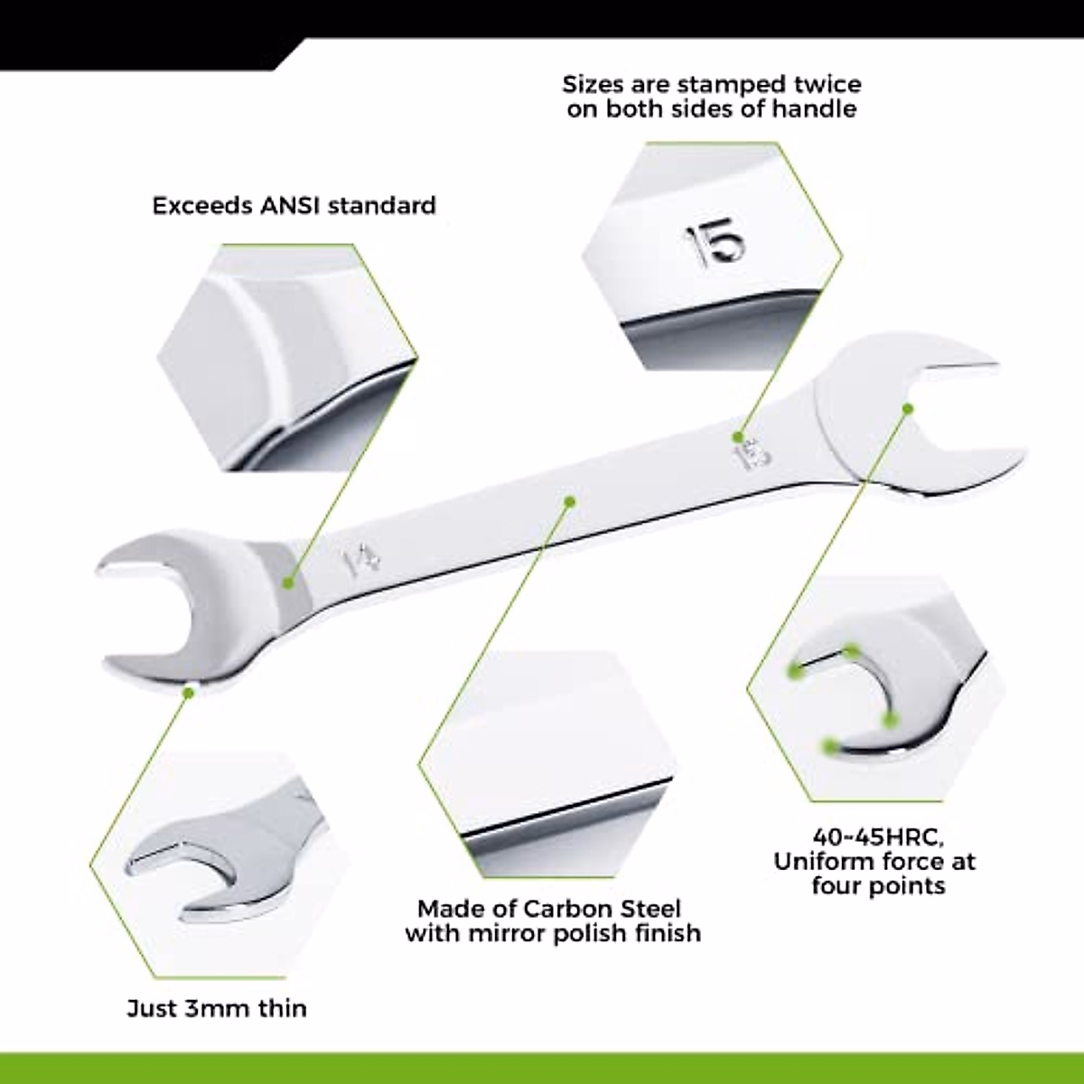 Der Erwachte Super-Thin Open End Wrench Set, Metric, 8-Piece, Including 6, 7, 8, 9, 10, 11, 12, 13, 14, 15, 16, 17, 18, 19, 22, 24 mm, Slim Spanner Wrench Set with Rolling Pouch