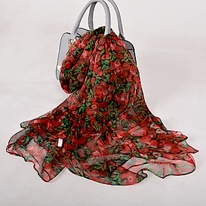 Green Silk Scarf Shawl Women Fall Winter Long Scarves Accessory Floral Design Neck Scarf Jujube red DFS11