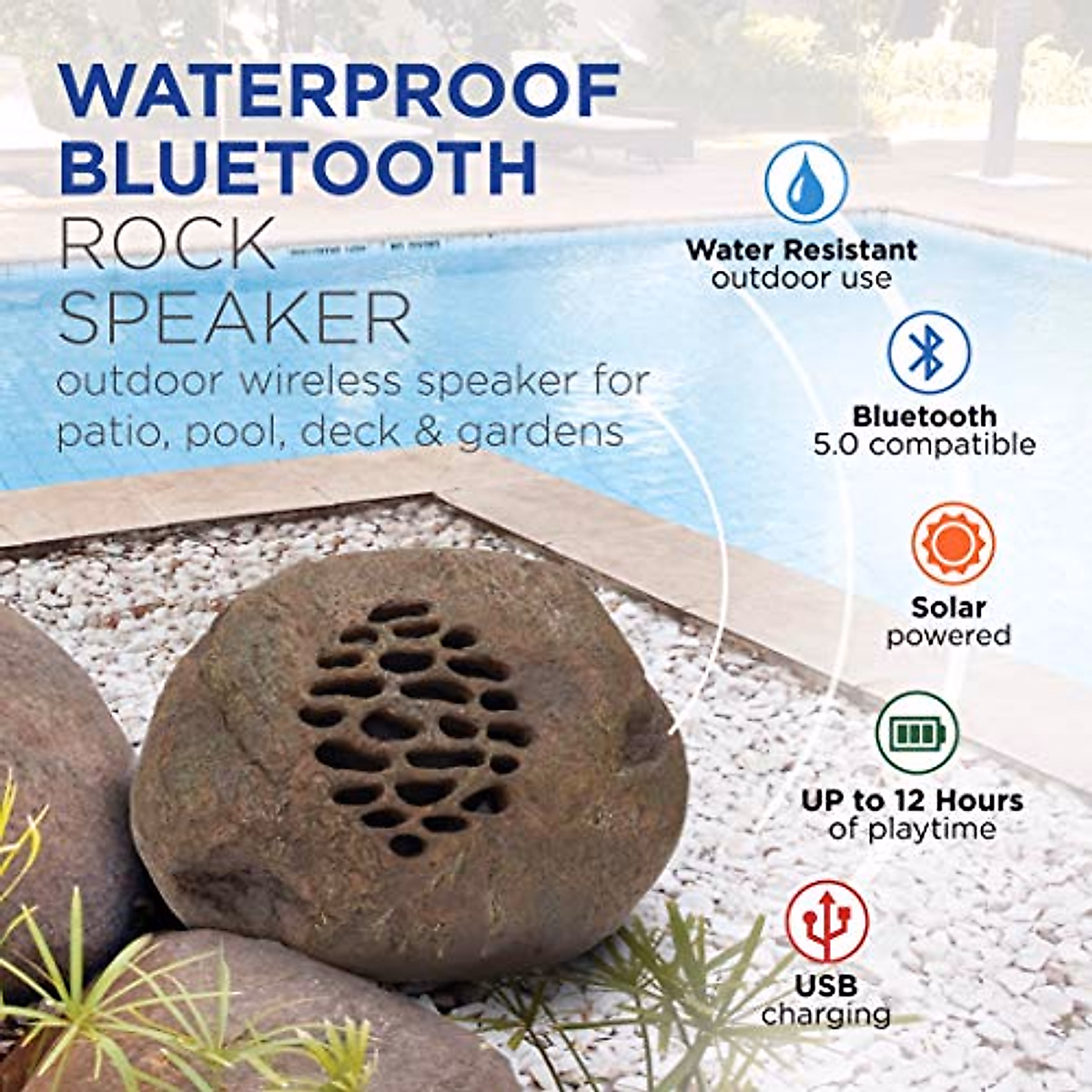 Alpine Corporation Weather-Resistant Bluetooth Solar-Powered Outdoor Wireless Rock Speaker – Set of 2 & Keter Outdoor Patio Furniture and Hot Tub Side Table with 7.5 Gallon Beer and Wine Cooler, Brown