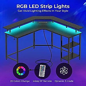 Rolanstar L Shaped Gaming Desk with LED Lights & Power Outlets, 56" Computer Desk with Full Monitor Stand & Storage Shelf, Corner Desk with Hooks, Carbon Fiber Desk Reversible