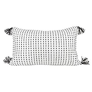Foreside Home & Garden White with Black Tick Stripe 14X22 Hand Woven Filled Outdoor Pillow