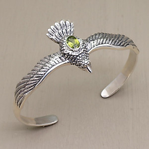 NOVICA Artisan Handmade Peridot Cuff Bracelet Hawk Motif in Sterling Silver Green Indonesia Animal Themed Birthstone Bird [5.75 in L (end to End) x 1.2 in W] ' Spirit Hawk'