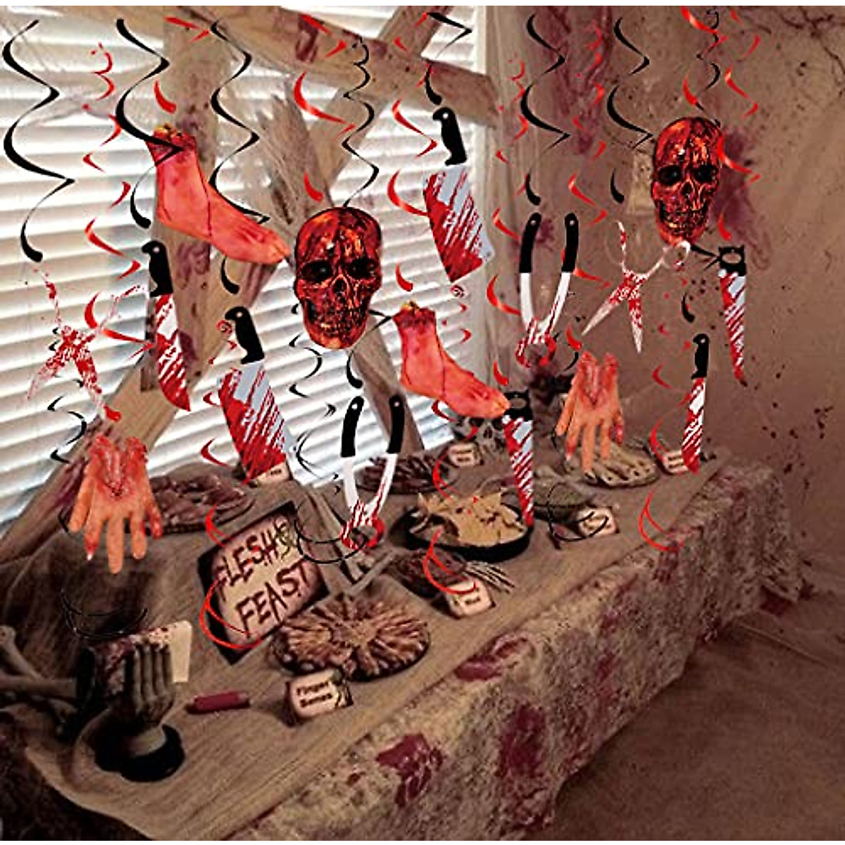 Halloween Bloody Weapons Hanging Swirl Decorations, Pre-Assembled Bloody Garland Banner, Have a Killer Birthday & Friday the 13th Birthday Party Decorations, Halloween Horror Zombie Vampire Party Supplies - 22pcs