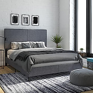 DHP Janford Upholstered Platform Bed with Modern Vertical Stitching on Rectangular Headboard, Queen, Gray Linen