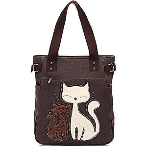 KAUKKO Women Canvas Handbag Shoulder Bag Cat Big Tote Bag Coffee