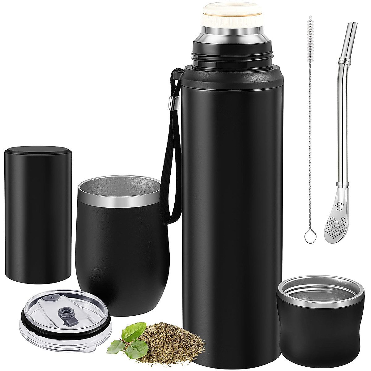 Suclain 5 Pcs Complete Yerba Mate Kit Yerba Mate Cup 34 Oz/1005 ml Stainless Steel Thermal Water Bottle, Tea Can, Bombilla and Straw Brush, for Travel Christmas Gift Father, Black
