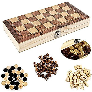 3 in 1 Wooden Chess Set, Folding Board Chess International Checkers Portable Chessboard Game Board Set (29*29cm)