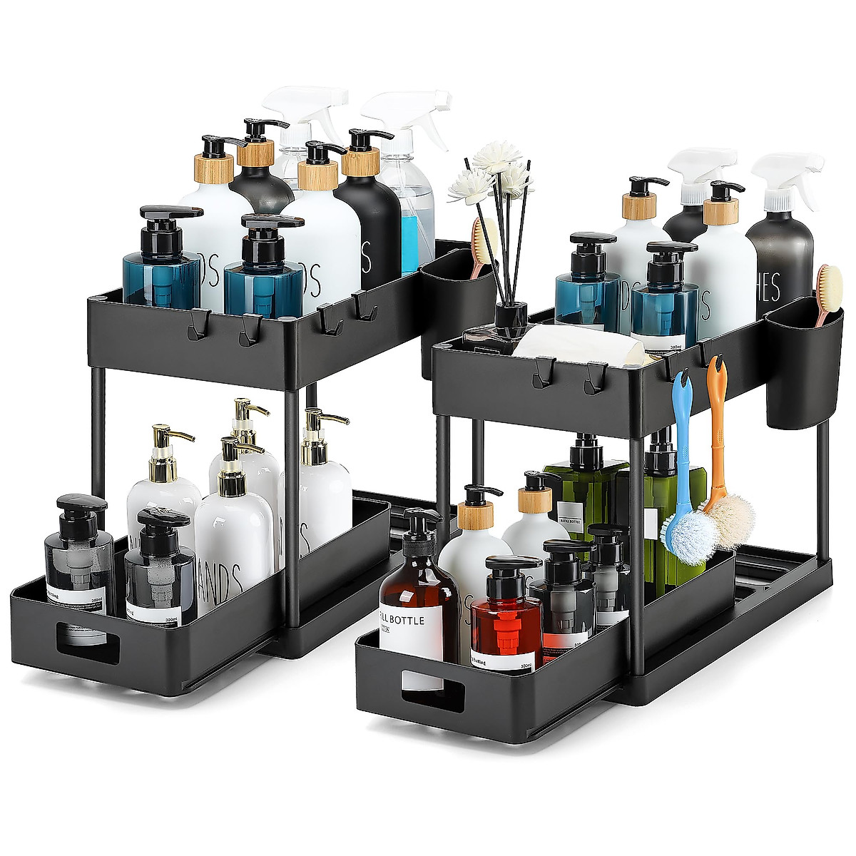 Ravinte 2 Pack Pull Out Under Sink Organizer 2 Tier Multi Purpose Sink Organizers Storage For Bathroom Kitchen Sink Storage Organizer With Hook & Hanging Cup Matte Black Sliding Cabinet Organizer