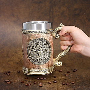 Ottalent 18fl oz Nordic Mythology World Tree Yggdrasil Beer Stein Mug, Stainless Steel TheTree of Life Coffee Drink Cup for Men and Father’s Day Gift 600ml