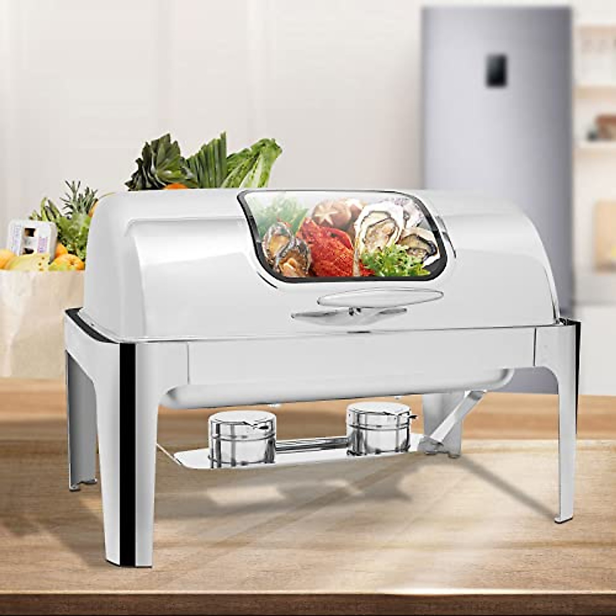 Bacacoo Stainless Steel Roll-Top Chafing Dish, 13.5l Buffet Roll Top Hot Plate Heating Tray with 3 Pots, Buffet Server and Heater for Food Warm Party Wedding Buffet Warm Plate