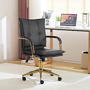 MOJAY Mid-Back Ergonomic Leather Office Desk Chair, Modern Upholstered Computer Chair, Executive Office Chair with Arms, Swivel Adjustable Rolling Chair with Gold Base (Black)