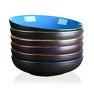 KitchenTour Ceramic Pasta Bowls - Large and Durable Serving Bowl Set 26 Ounce - Dishwasher and Microwave Safe - Set of 6, Deep blue, Multi-Color