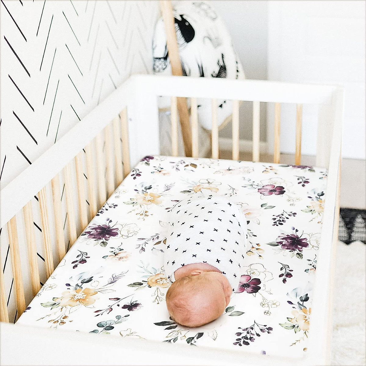 GRSSDER Stretchy Ultra Soft Jersey Knit Fitted Pack n Play Sheets Set 2 Pack,Fits Portable Playard/Mini Cribs Mattress Snug and Safe,Watercolor Purple Flora for Baby