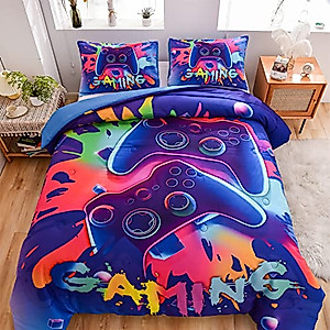 Aimuan Gaming Comforter Sets for Boys Kids Bedding Sets Video Games Console Action Buttons Novelty Colorful Game Gamepad Controller Modern Gamer Room Decor Home Quilt Set (Twin, Purple)