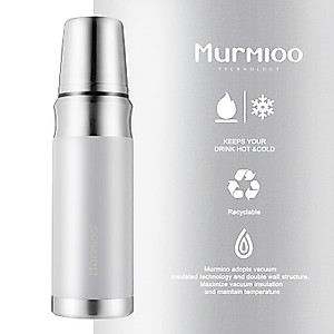 Murmioo travel vacuum flask，stainless steel insulated bottle, built-in cap cup, cold for 24 hours, heat for 12 hours, BPA Free leak proof, sweat free 17oz/500ml Gray
