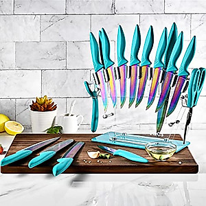 Rainbow Knife Set 18 Pcs Kitchen Knives Set Sharp Stainless Steel Knife Sets Contain 8 Steak Knives Sharpener Peeler Clear Acrylic Stand Beautiful Knife Best Gift (Turquoise 18PCS Set)