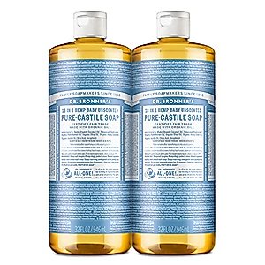 Dr. Bronner's - Pure-Castile Liquid Soap (Baby Unscented, 32 ounce, 2-Pack) - Made with Organic Oils, 18-in-1 Uses: Face, Hair, Laundry and Dishes, For Sensitive Skin and Babies, No Added Fragrance