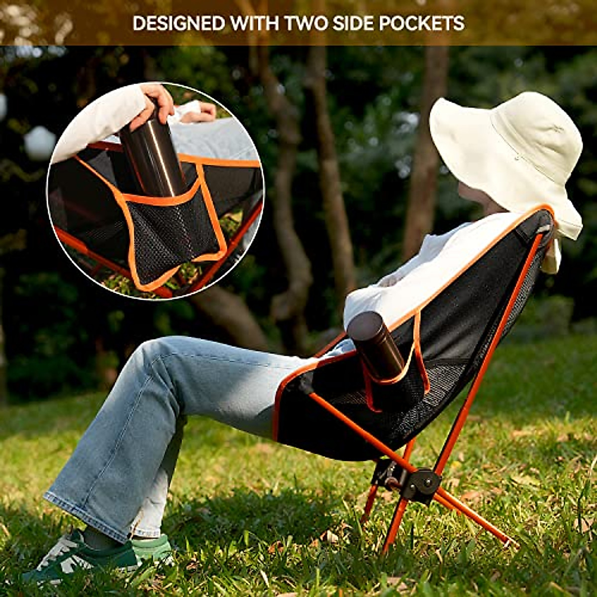 Sportneer Portable Folding Lightweight Camping Chair Camp Chair for Adults Foldable Compact Beach Backpacking Chairs Outdoor Chair for Camping Hiking Lawn Picnic Outside Travel (2, Orange)