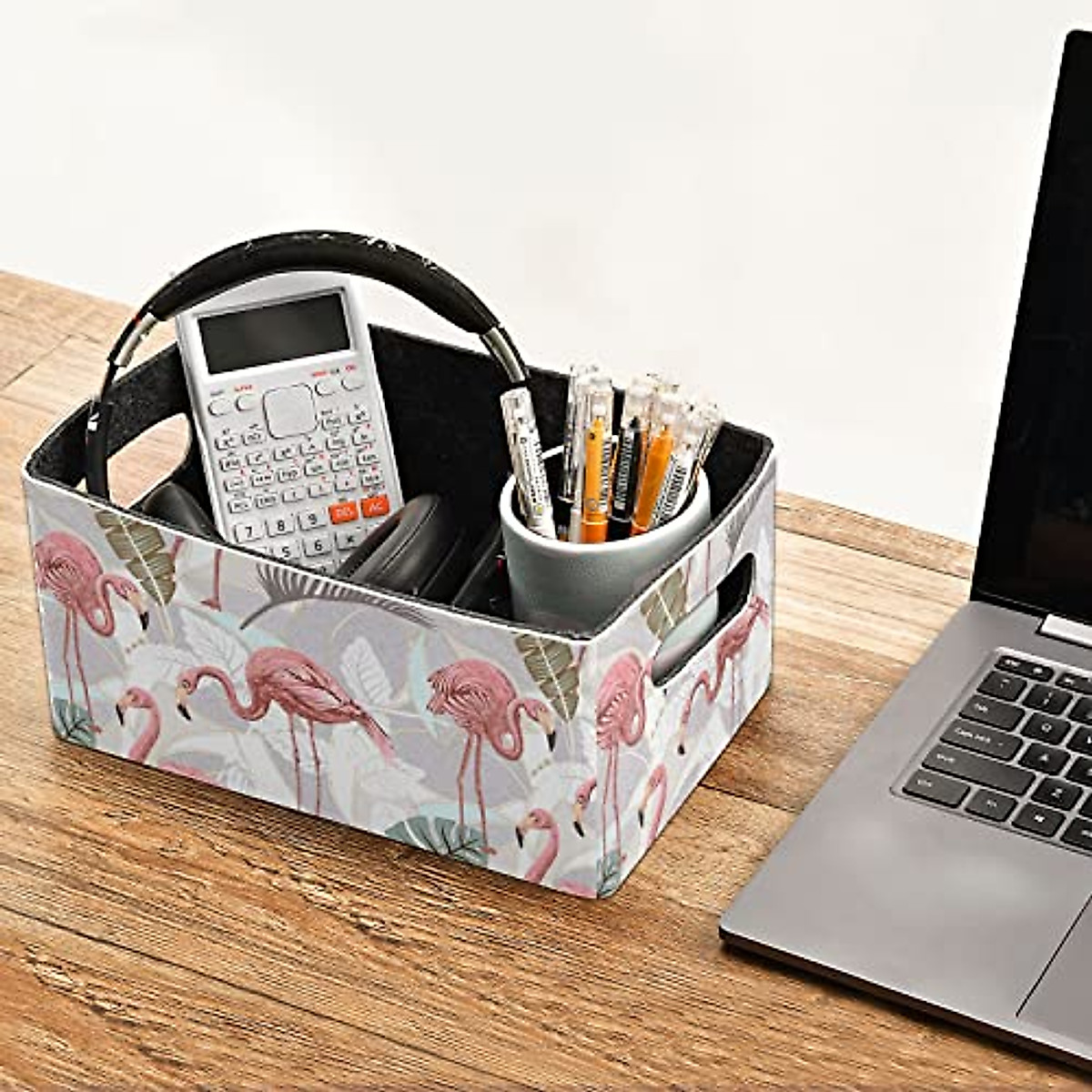 Emelivor Flamingos Storage Basket Bins Set (2pcs) Felt Collapsible Storage Bins with Fabric Rectangle Baskets for Organizing for Kids Toys Pet Toy Books Clothes Closet Cabinet Organise