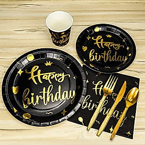 200 Pieces Gold Disposable Party Dinnerware Set &Golden Dot Disposable Birthday Party Dinnerware - Black Paper Plates Napkins Cups, Gold Plastic Forks Knives Spoons