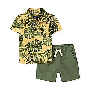 The Children's Place Baby Boys Sleeve Button Down and Shorts 2-Piece Set 2-Pack, Tropical Green, 0-3 Months