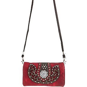 Zelris Western Albino Western Floral Buckle Conceal Carry Women Crossbody Trifold Wallet (Red)