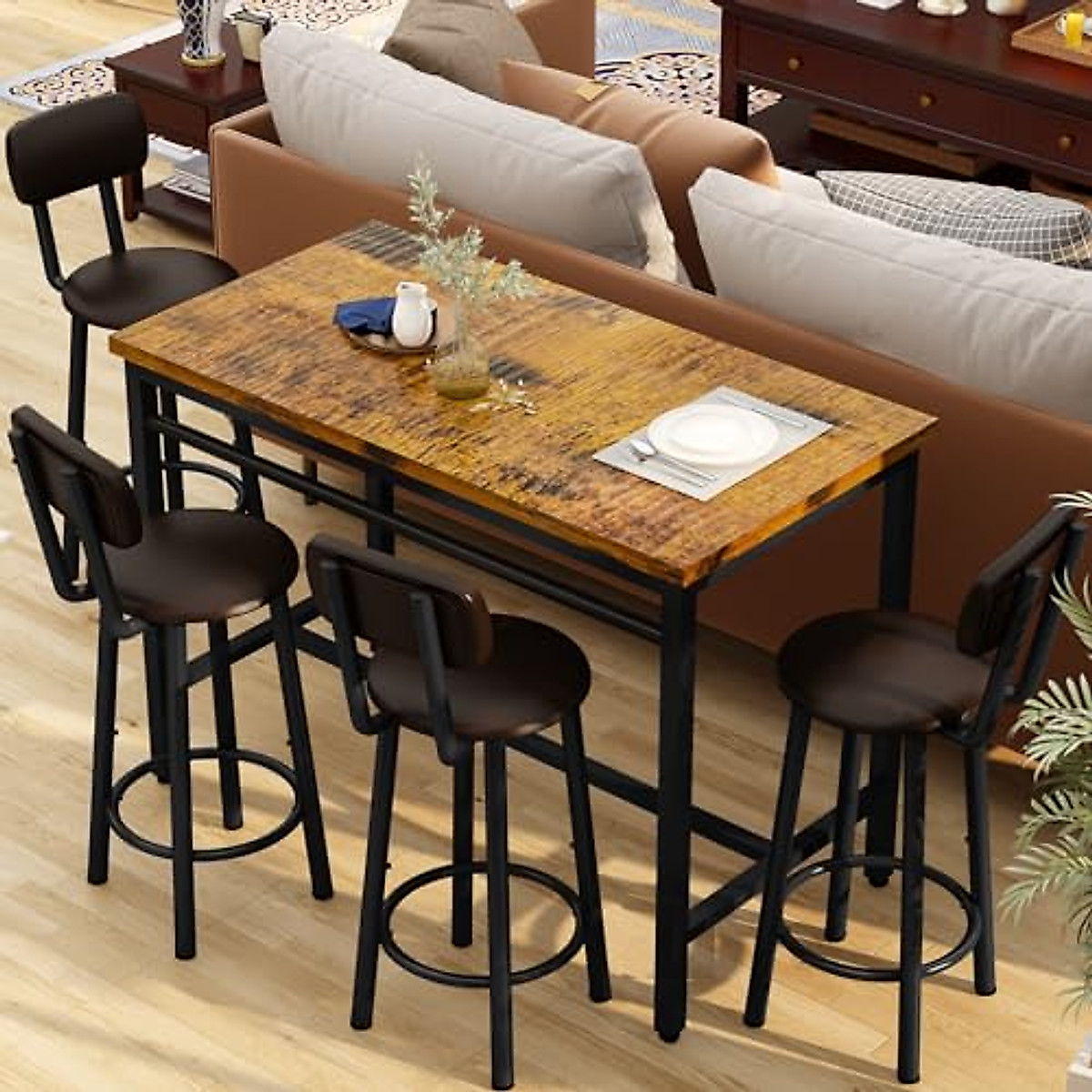 DKLGG Bar Dining Table Set for 4 Industrial Pub Table and Chairs, Kitchen Counter Height Table & 4 PU Leather Upholstered Stools with Backrest Space-Saving Dining Room Table Set for Small Space