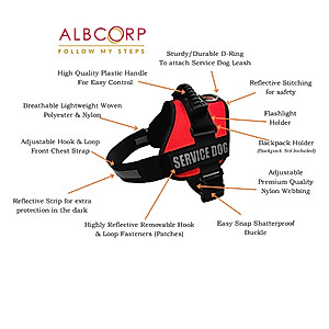 ALBCORP Service Dog Vest Harness - Reflective - Woven Polyester and Nylon, Comfy Mesh Padding - Sizes from XXS to XL – Service Dog Patches Included. Red Camo, Large