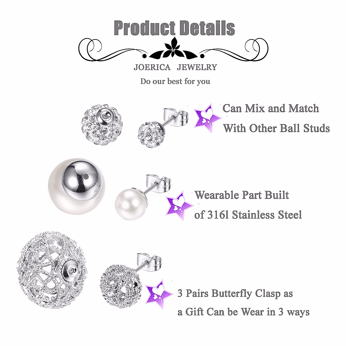 JOERICA 3 Pairs Vintage Hollow Out Womens Double Side Round Ball Stud Earrings Silver-tone