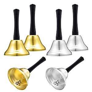 Metal Hand Bells,Silver Gold Call Bell Service Hand Bells with Black Wooden Handles for Wedding Events Decoration, Food Line, Alarm, Jingles, Ringing,Dinner Calling,Christmas Day (6 Pieces)