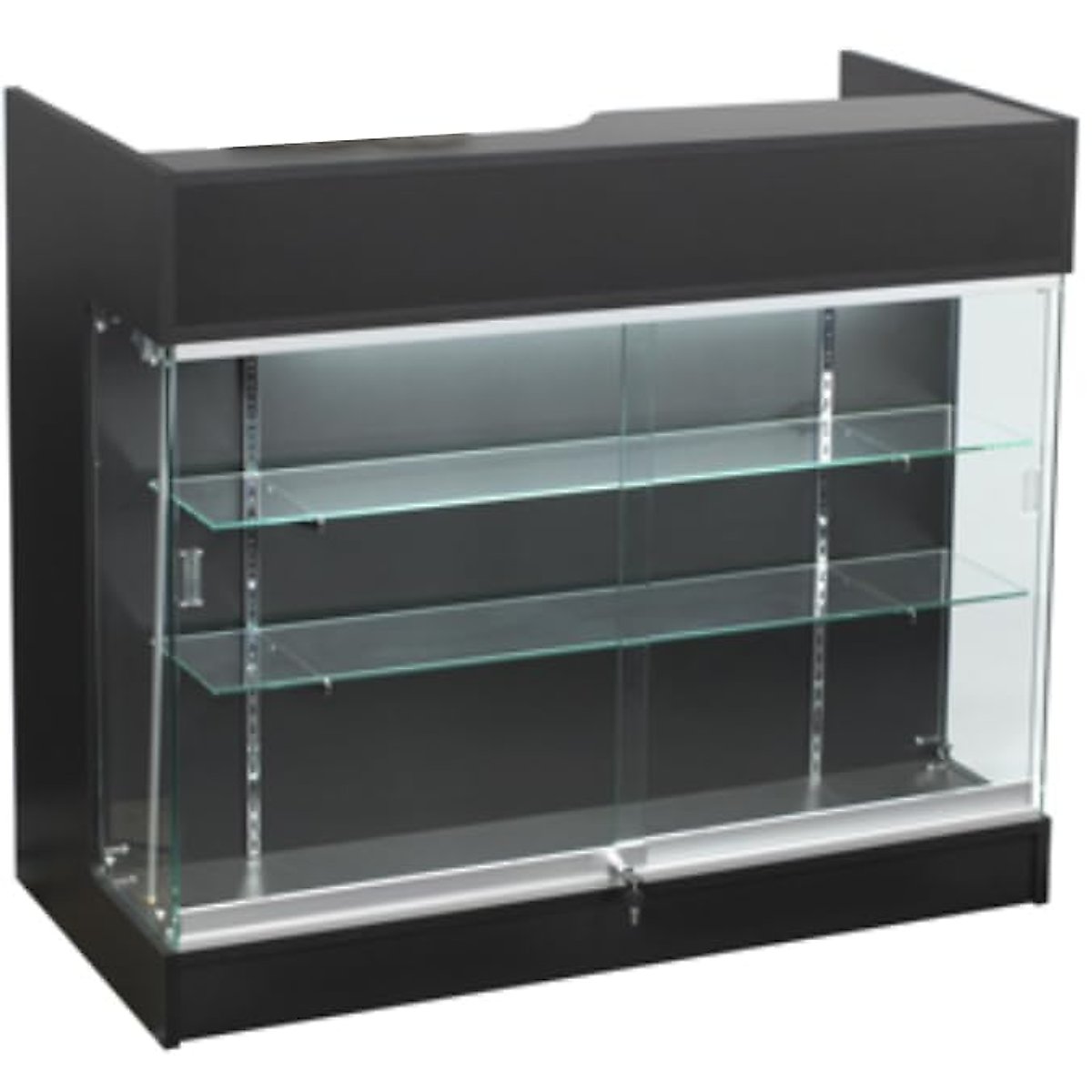 Wisdomfur Ledge top Counter with Showcase,4ft，Display Case Front, Tempered Glass, Locking Drawers & Shelves，Black