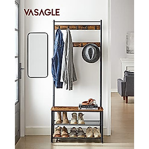 VASAGLE Coat Rack, Hall Tree with Shoe Storage Bench, Entryway Bench with Shoe Storage, 3-in-1, Steel Frame, for Entryway, 12.6 x 27.6 x 69.8 Inches, Industrial, Rustic Brown and Black UHSR41BX