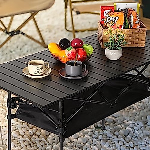 Folding Camping Table Folding Outdoor Table, 46.6 * 21.65 * 26.77in Picnic Table, Portable Camping Table, Aluminum Roll-Up Top, Camp Table with Easy Carry Bag for Outdoor Travel Backyards BBQ(Black)