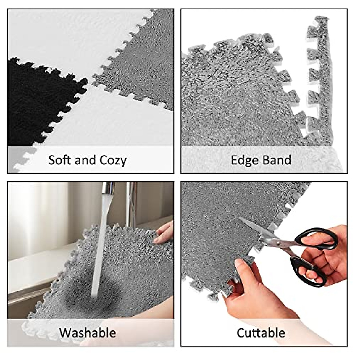 18 Pcs Plush Foam Floor Mat Square Interlocking Carpet Tiles with Border Fluffy Play Mat Floor Tiles Soft Climbing Area Rugs for Home Playroom Decor, 12 x 12 x 0.4 Inch (Black, White, Gray)