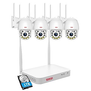 Tonton 10CH Auto Track PT Wireless Security Camera System,4K NVR Recorder with 1TB HDD,3M Long DC Powered 2K 3MP Outdoor Cameras 360°Viewing,Human Detection,Floodlight,Color Night Vision,2 Way Audio