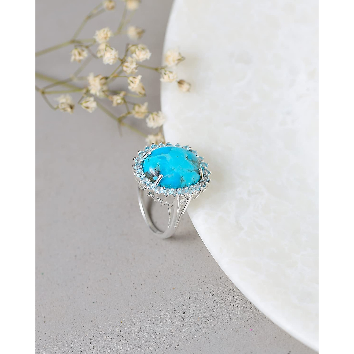 YoTreasure Turquoise Swiss Blue Topaz 925 Sterling Silver Oval Shaped Cluster Ring Jewelry