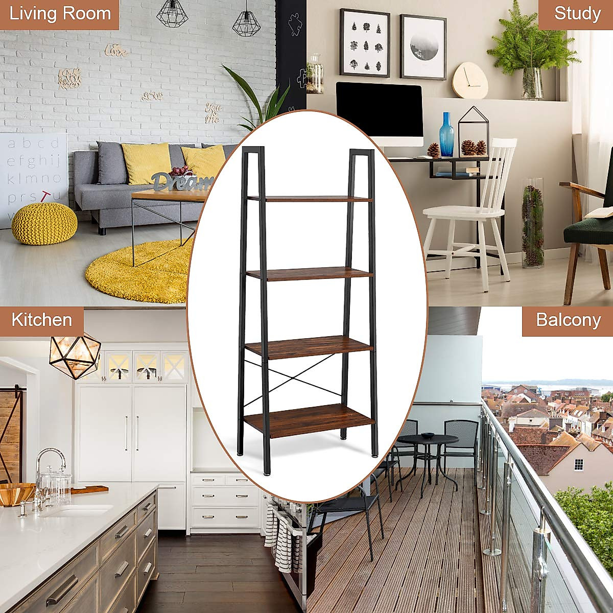 Giantex Ladder Shelf 4-Tier Industrial Bookshelf Storage Rack Shelves for Home and Office Use, Wood Display Rack with Metal Frame (Rustic Brown)