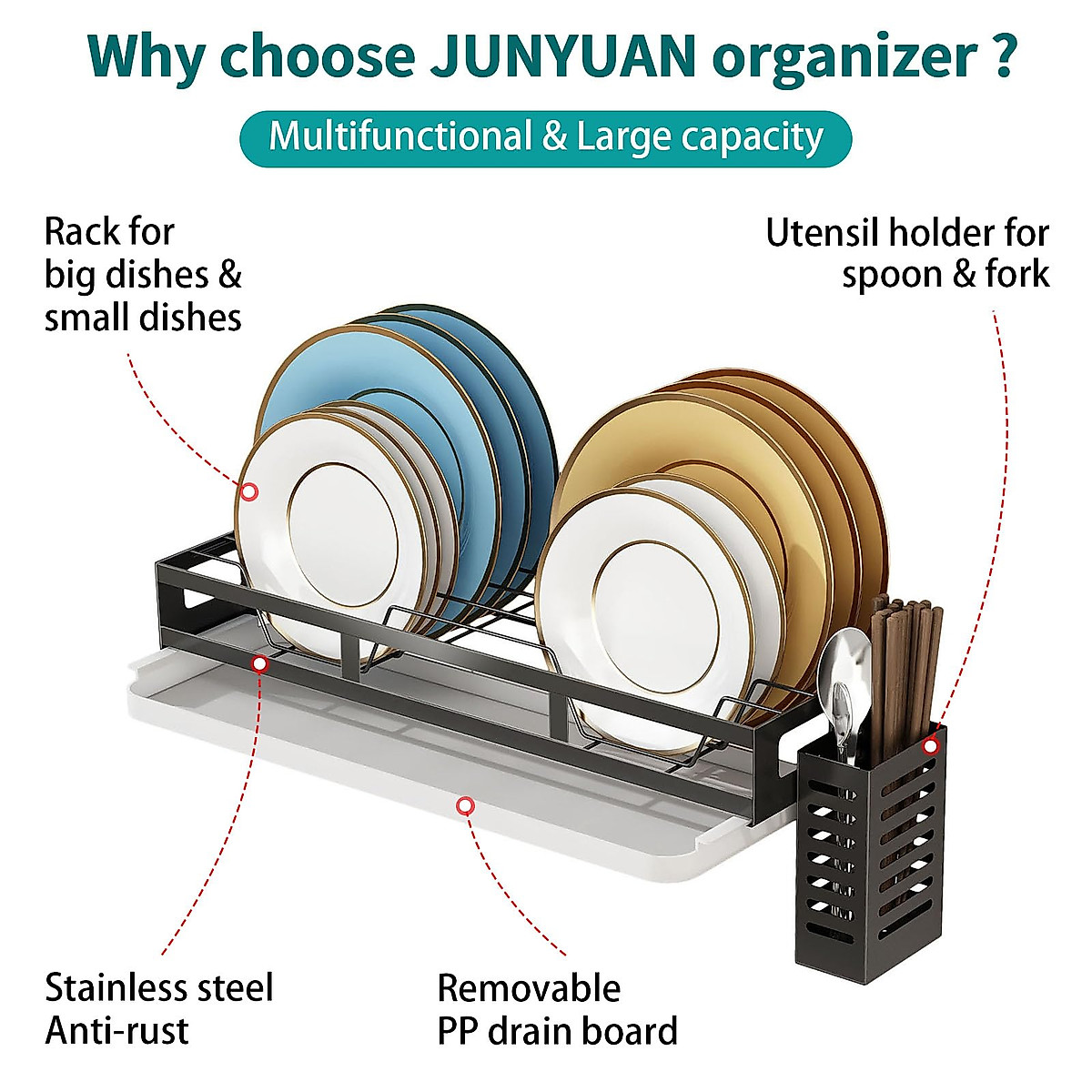 junyuan Dish Drying Rack Wall Mounted,Small Hanging Dish Drying Rack with Utensil Holder,Kitchen Storage Plate Rack with Drain Board,Durable Stainless Rust Proof Black