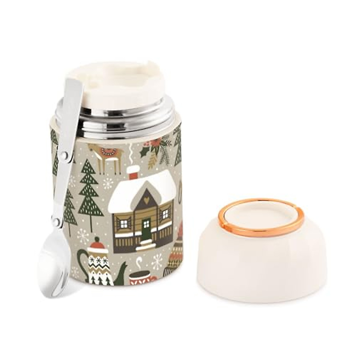 JUNZAN Cute Xmas Winter Fox Bird Kids Womens Insulated Food Jar Container with Spoon 17oz/500ml Food Containers For Hot Food Stainless Steel Vacuum Food Warmer Insulated Containers for Hot/Cold Food