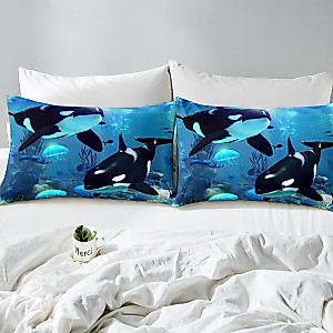 Teal Ocean Whale Comforter Cover Jellyfish Killer Whale Bedding Sets The Underwater World Duvet Cover Set Orcinus Orcas Deep Sea Animals Marine Life Bedspreads Cover With 2 Pillow Cases Full Size
