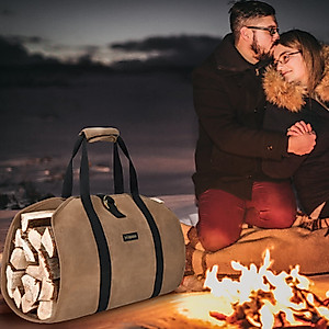 Firewood Carrier,Large Wood Carrying Bag with Handles Fireplace Log Carriers & Holders,Security Strap Camping Wear-Resistant & Dirt-Proof Waxed Canvas Indoor Stand Brown(Double Brass Rings)