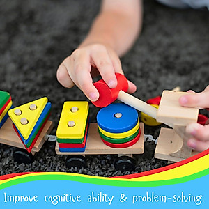 LMC Products Wooden Train with Shape Sorter & Pegs - Fine Motor Skills Toy, Wooden Toddler Stacking Toys, Montessori Toys for Toddlers 3 Years+ Wood Shape Sorter Train