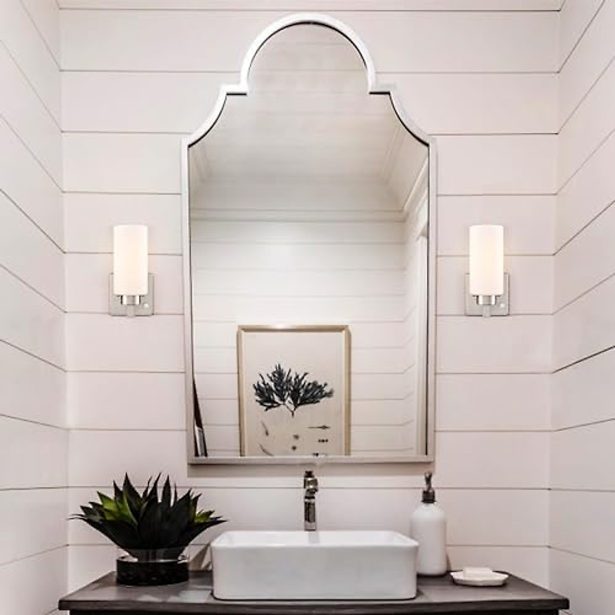 DEYNITE Modern Plug in Wall Sconce with Cord Brushed Nickel Bathroom Vanity Light with Milky White Cylinder Glass Shade Set of 2