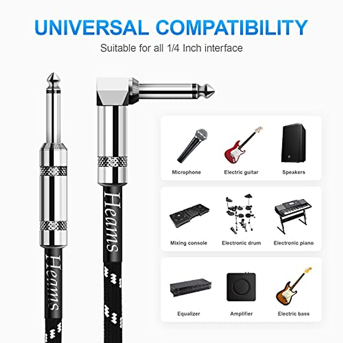 Heams Premium 10 FT Guitar Cable, 1/4 Inch Instrument Cable- Noise Free and Super Durable Guitar Chord- AMP Cord for Bass, Electric Guitar, Electric Mandolin, Right Angle