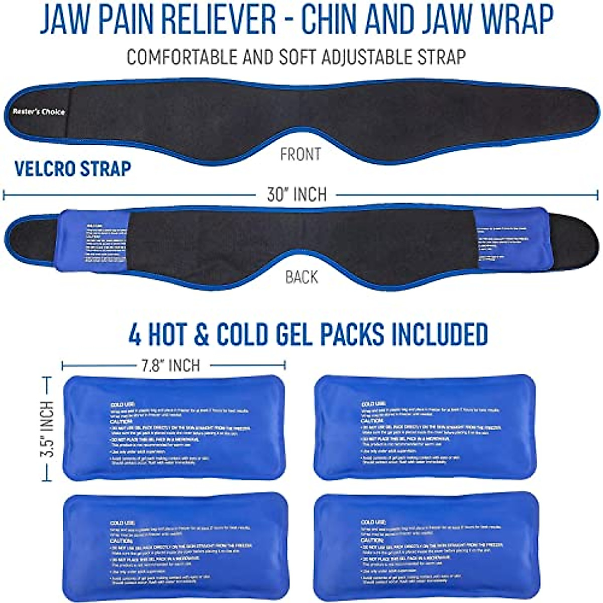 Face Ice Pack - Use as Wisdom Teeth Ice Pack, TMJ Relief Products, Jaw Pain - Hot & Cold Therapy for Chin, Headaches, Post Surgery Treatment - Adjustable Face Wrap Includes 4 Gel Packs