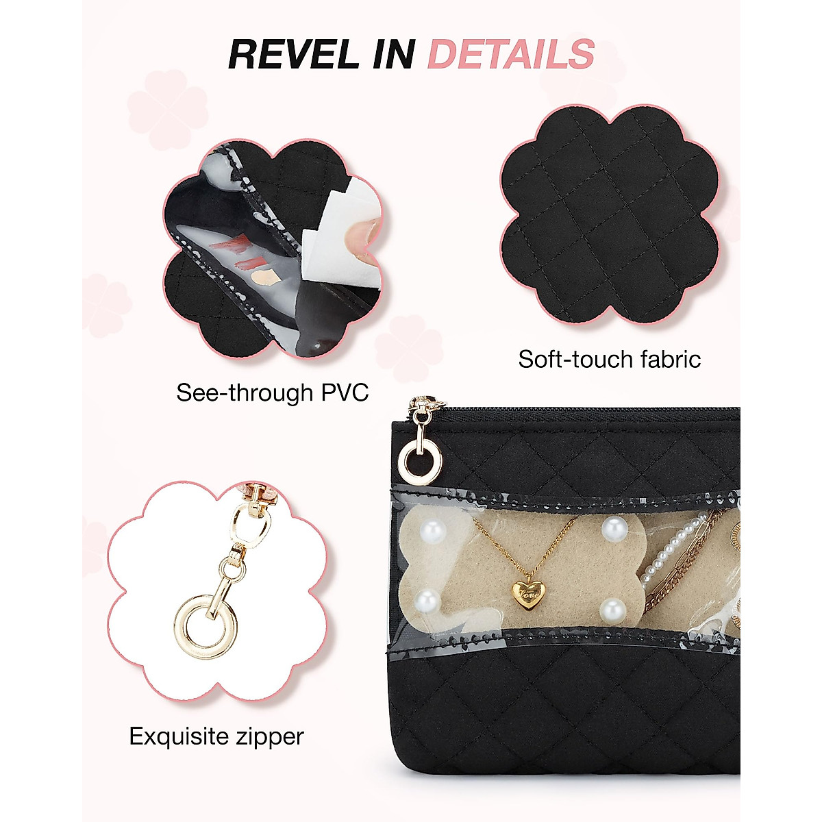 BAGSMART Travel Jewelry Organizer Case,Portable Storage Bag for Travel,Jewelry Pouch for Tangle-Free Necklaces, Earrings,Rings,Bracelet,Small,4pc Pink&Black with 4 Clover